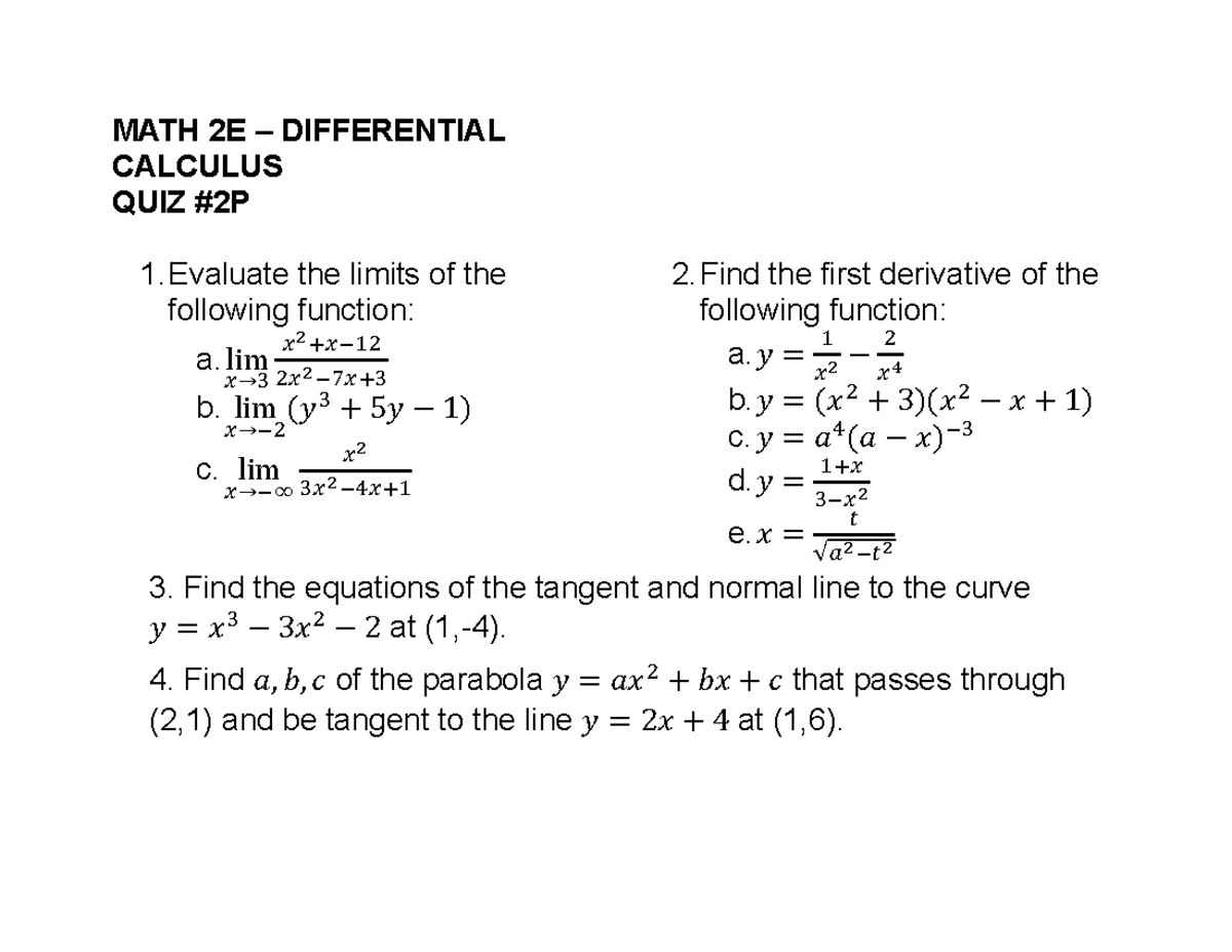 MATH 2E DIFFERENTIAL CALCULUS QUIZ 1: Limits & Derivatives - Studocu