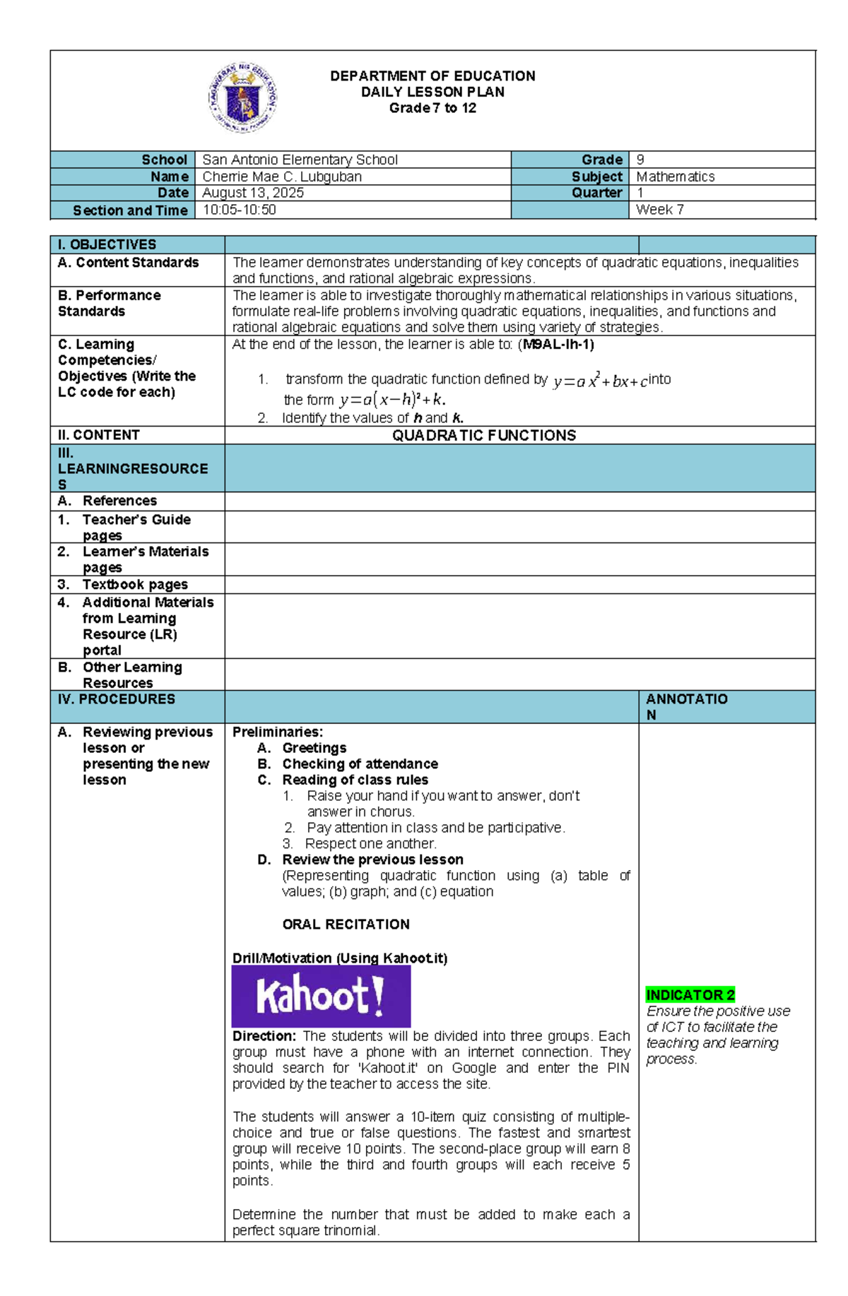 CO1 SY25-26: Grade 7-12 Daily Lesson Plan on Quadratic Functions - Studocu