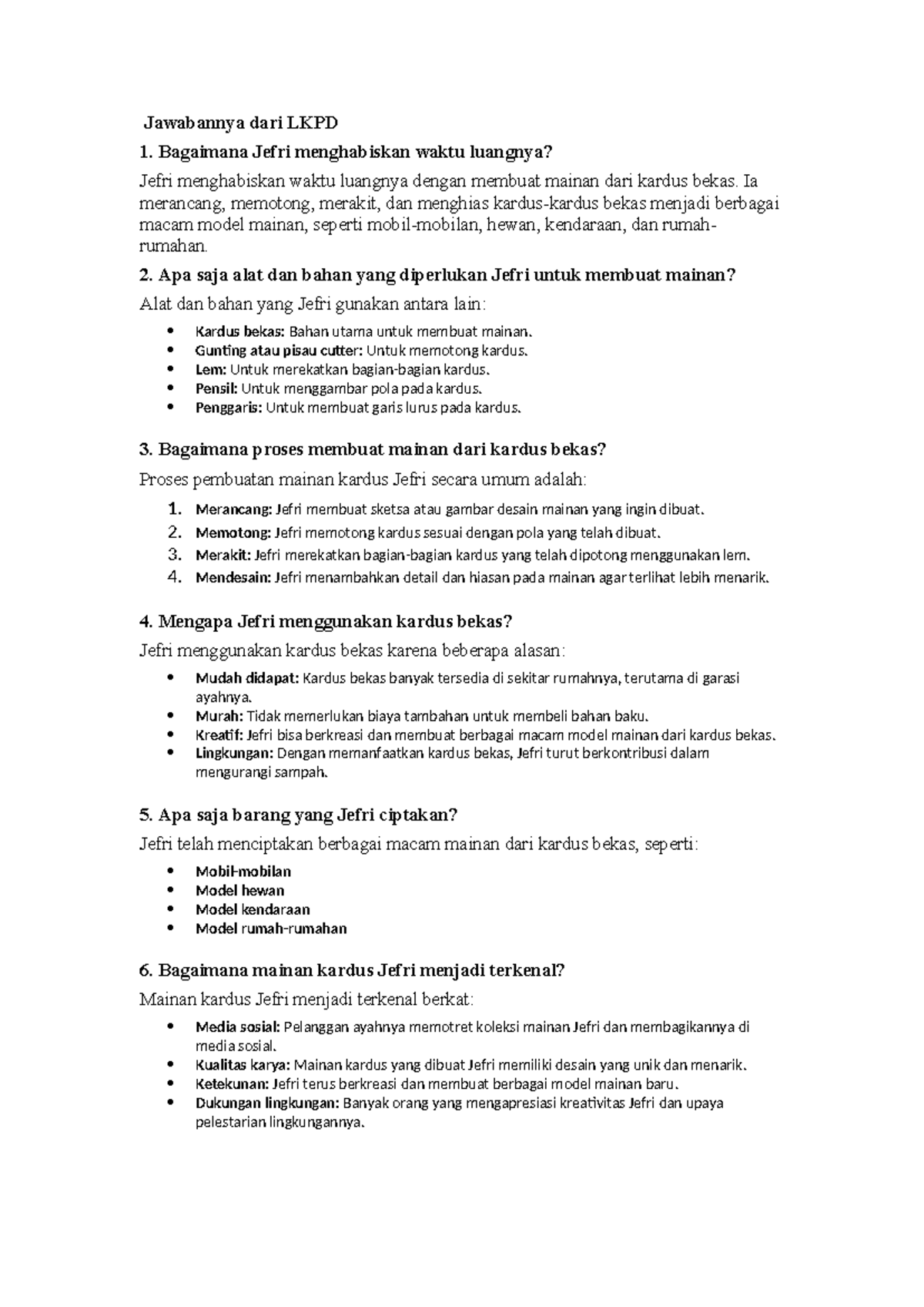 LKPD Pancasila Kelas 5 SD: Kreativitas Jefri dalam Membuat Mainan - Studocu