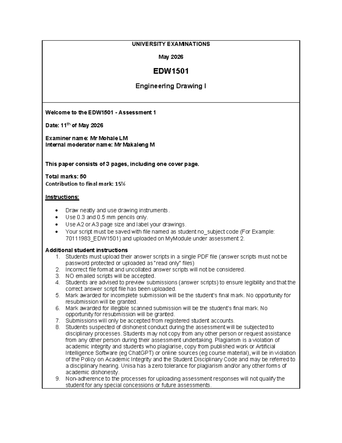 EDW1501 Engineering Drawing I - Assessment 1 Guidelines May 2026 - Studocu