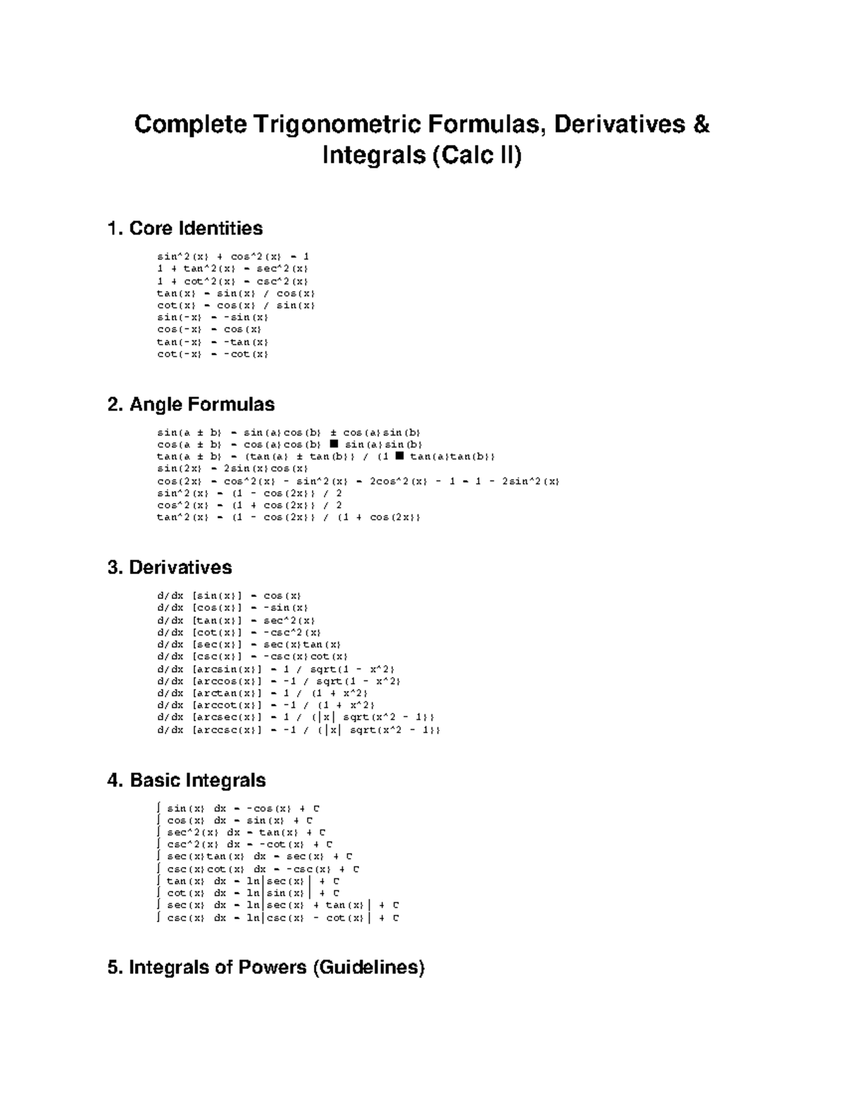 Calc II Complete Trigonometric Formulas: Derivatives & Integrals - Studocu