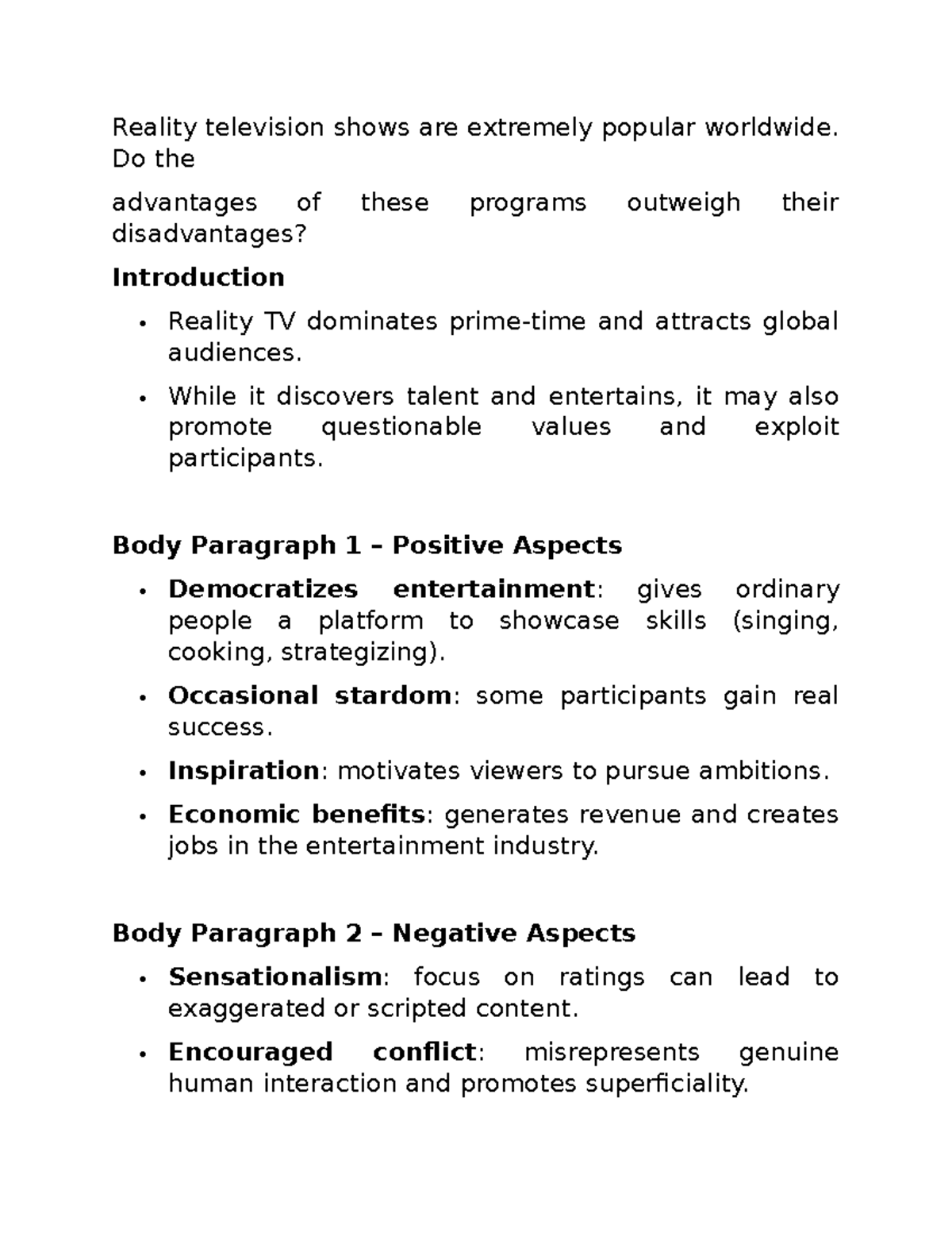 TASK 2 - The Impact of Reality TV: Pros and Cons Analysis - Studocu