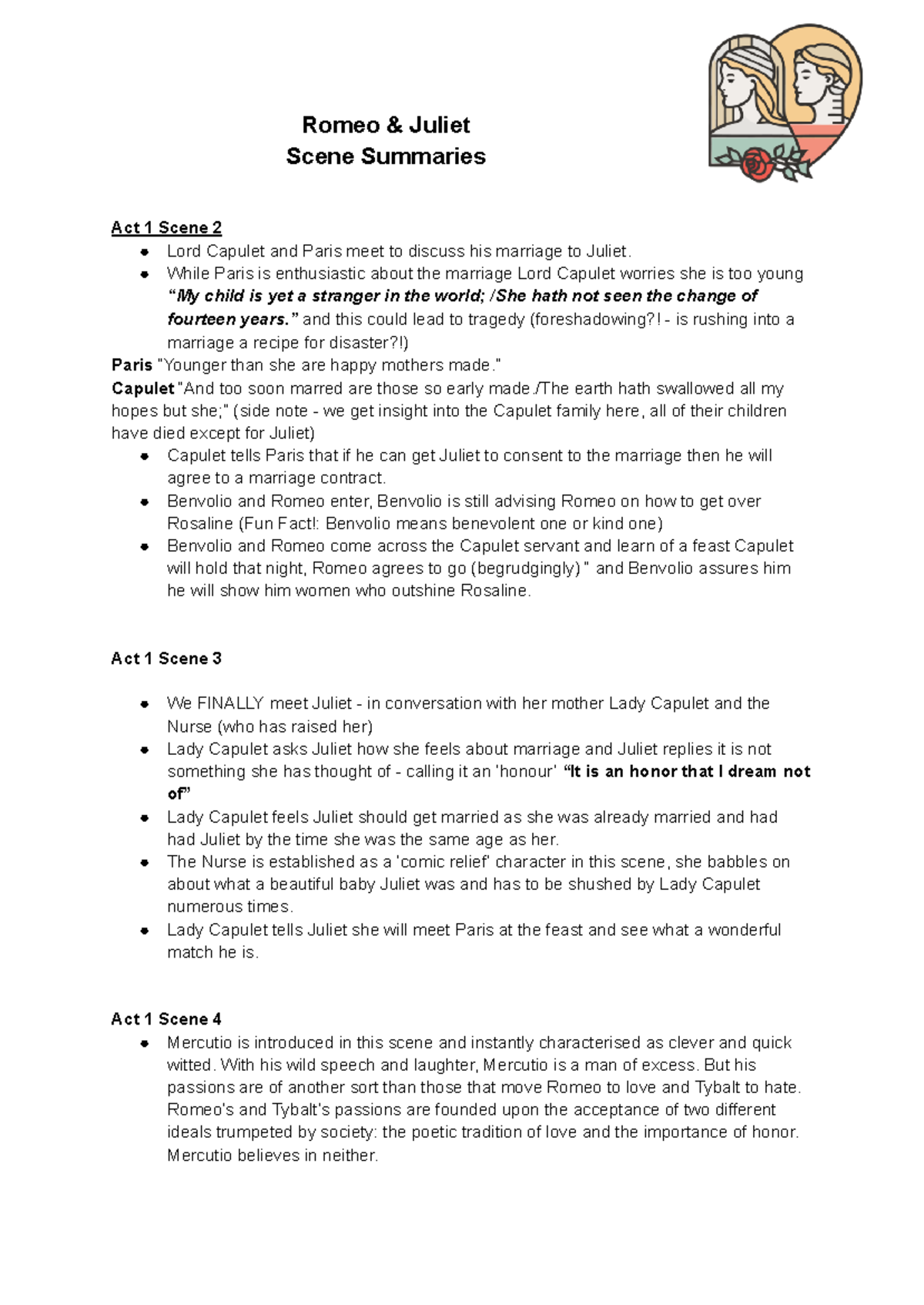 Romeo and Juliet - act 1 summaries - Romeo & Juliet Scene Summaries Act ...