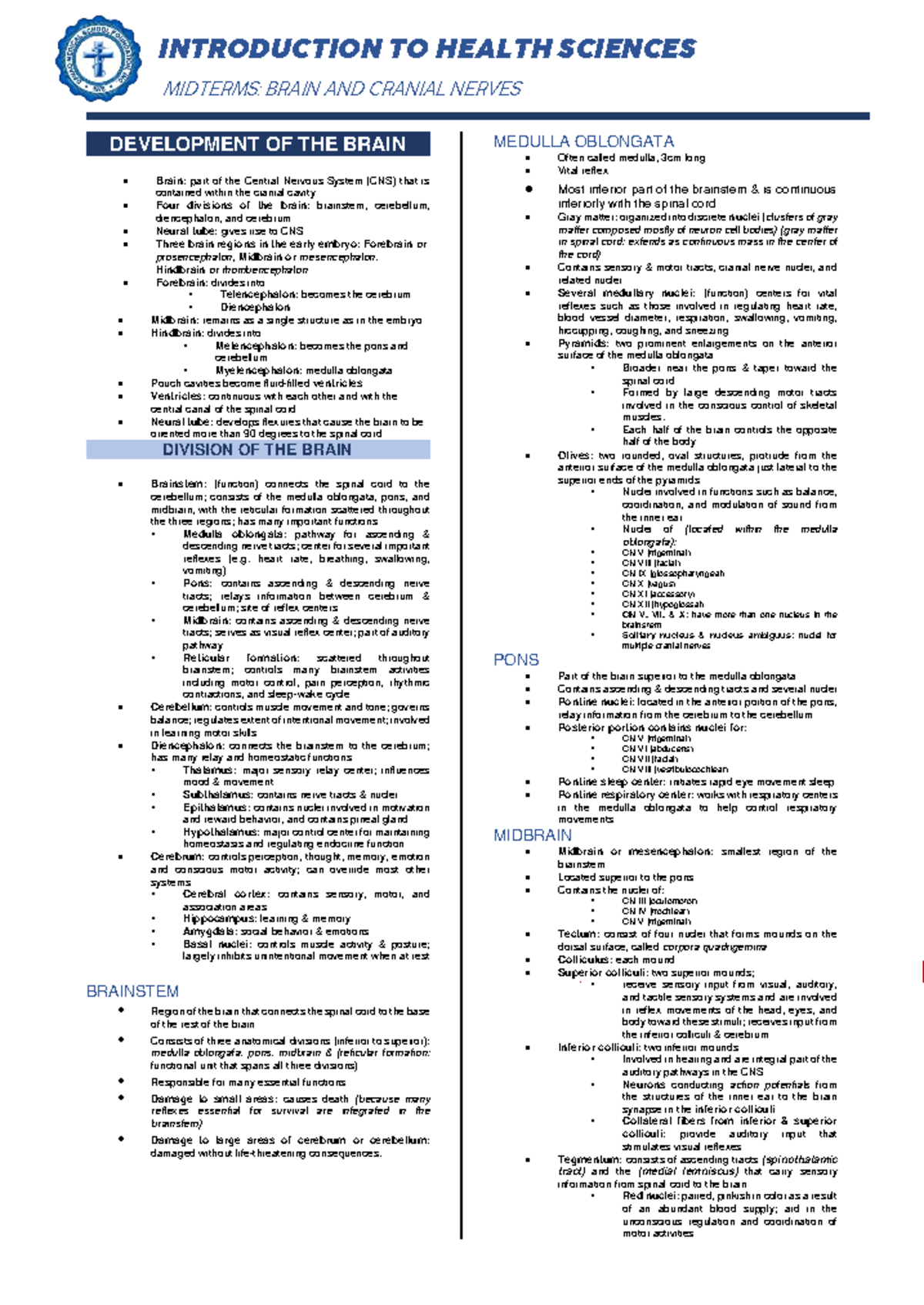 IHS-Chapter 13 (Brain and Cranial Nerves) - MIDTERMS: BRAIN AND CRANIAL NERVES DEVELOPMENT OF ...