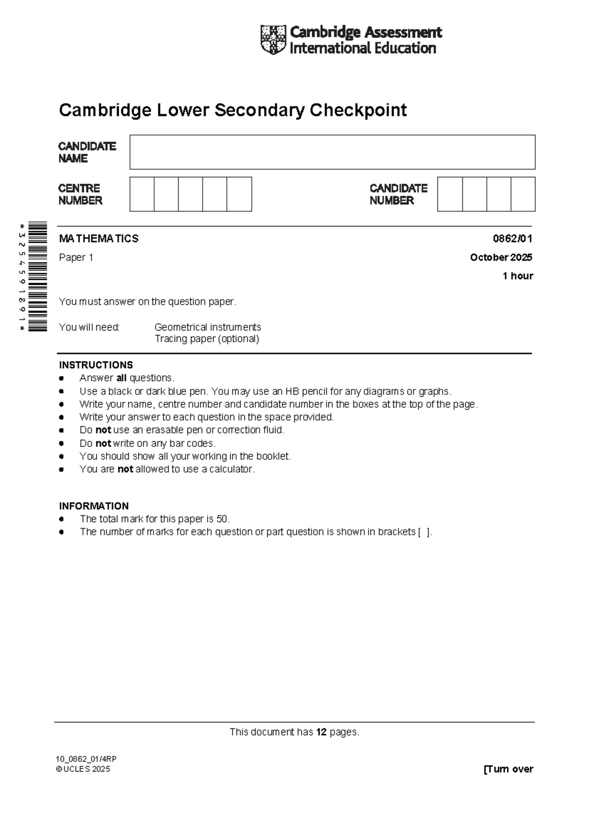 Cambridge Lower Secondary Checkpoint Mathematics Paper 1 - Past ...