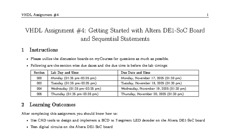 ECSE 222 VHDL Assignment 1: Altera Board & Sequential Statements Guide ...