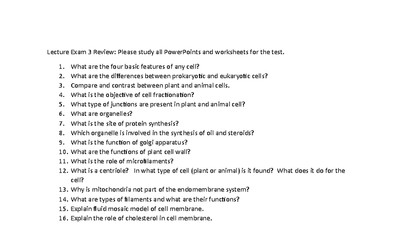 Cell Biology Lecture Exam 3 Review - Key Topics and Questions - Lecture ...