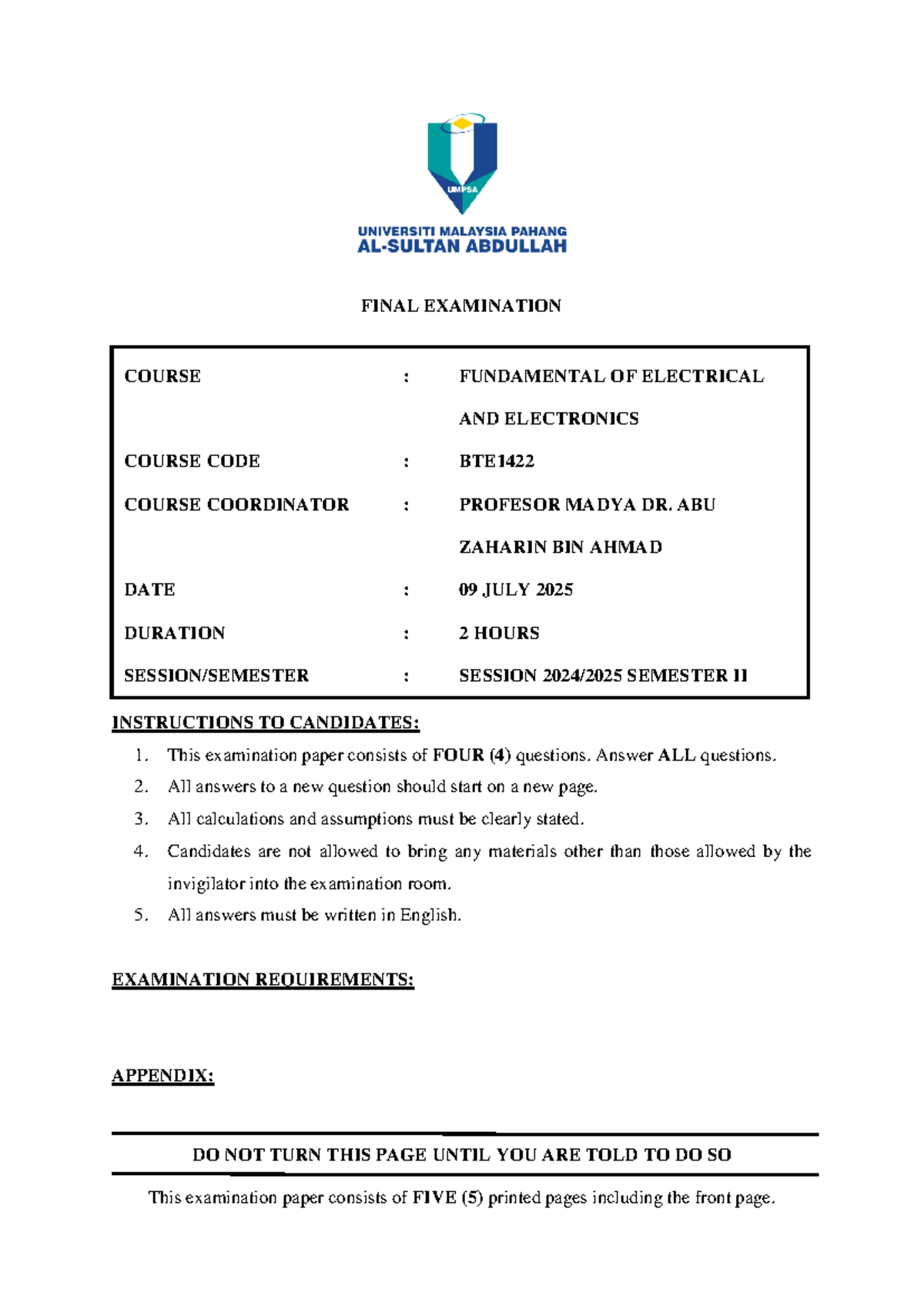 BTE1422 Final Exam: Fundamentals of Electrical & Electronics S2 2025 ...