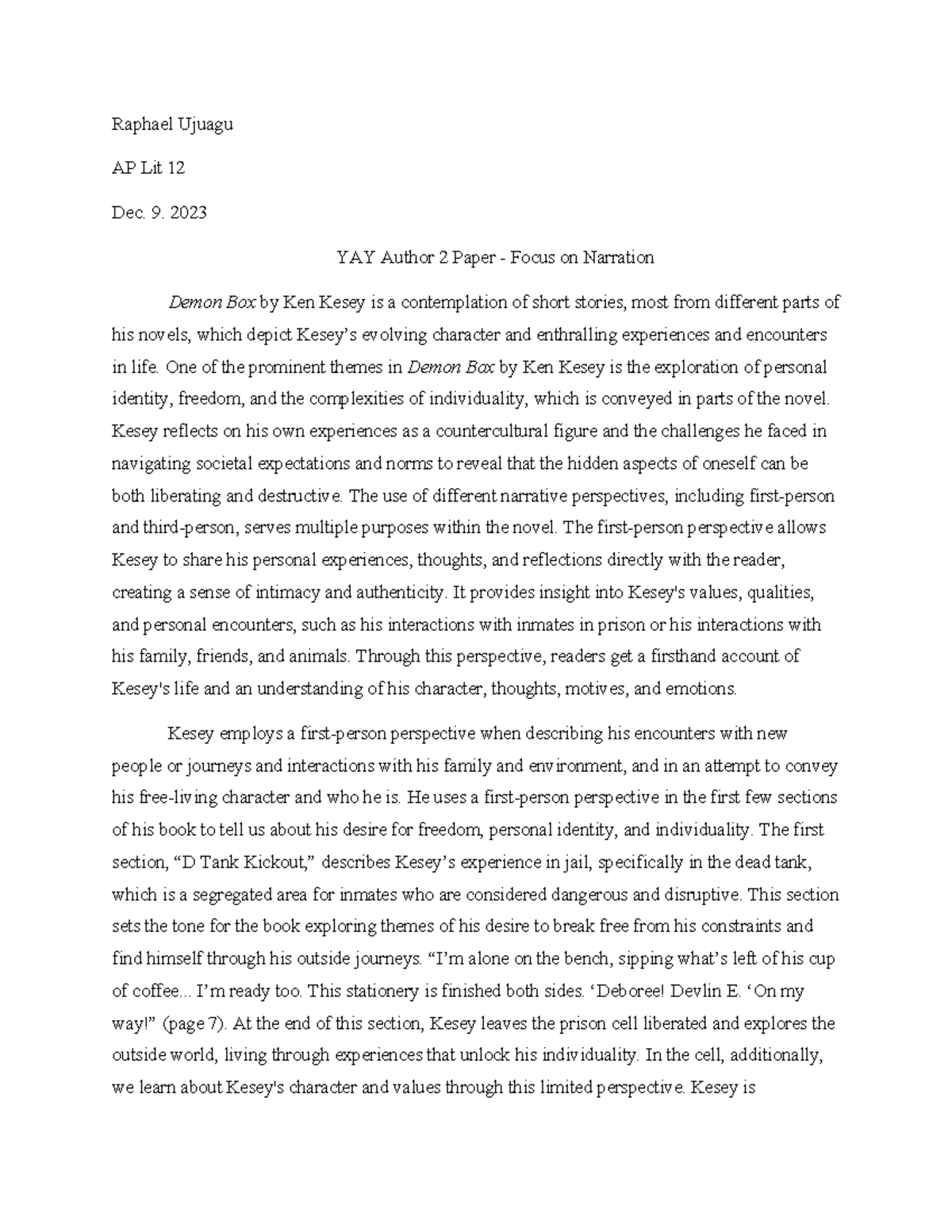 AP Lit 12 Essay Notes: Analyzing Narration in Kesey's Demon Box - Studocu