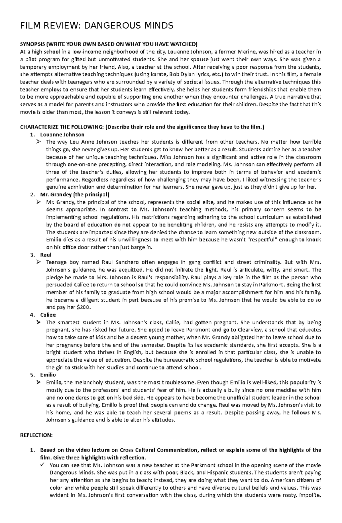 FILM Review Guide - FILM REVIEW: DANGEROUS MINDS SYNOPSIS (WRITE YOUR ...