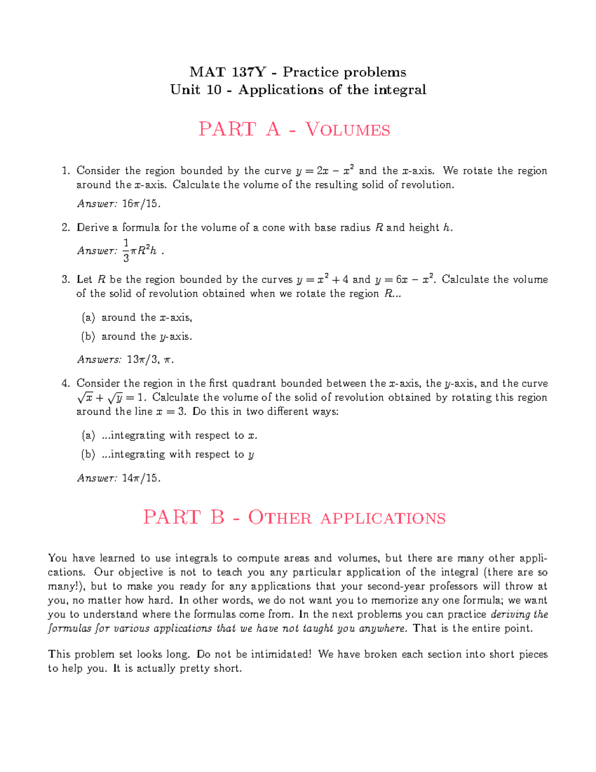 MAT 137Y Practice Problems: Unit 10 Applications of the Integral - Studocu