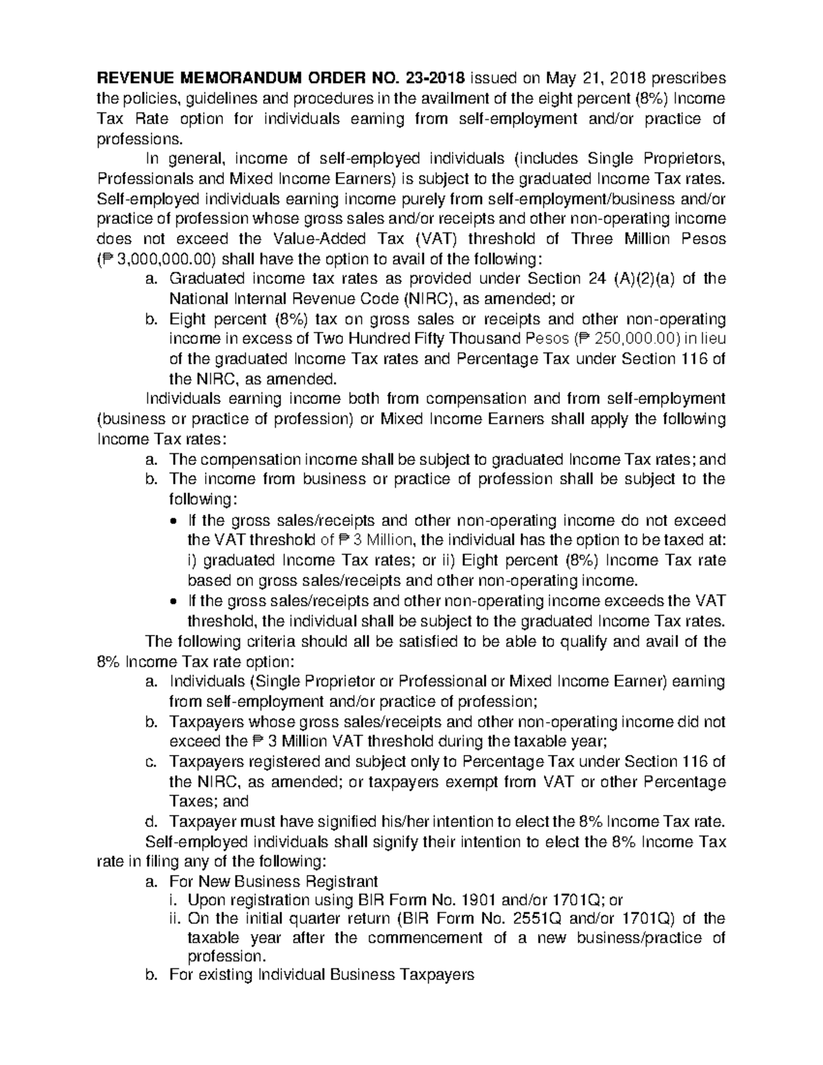 RMO No. 23-2018 Digest: Summary of Graduated Income Tax Policies - Studocu