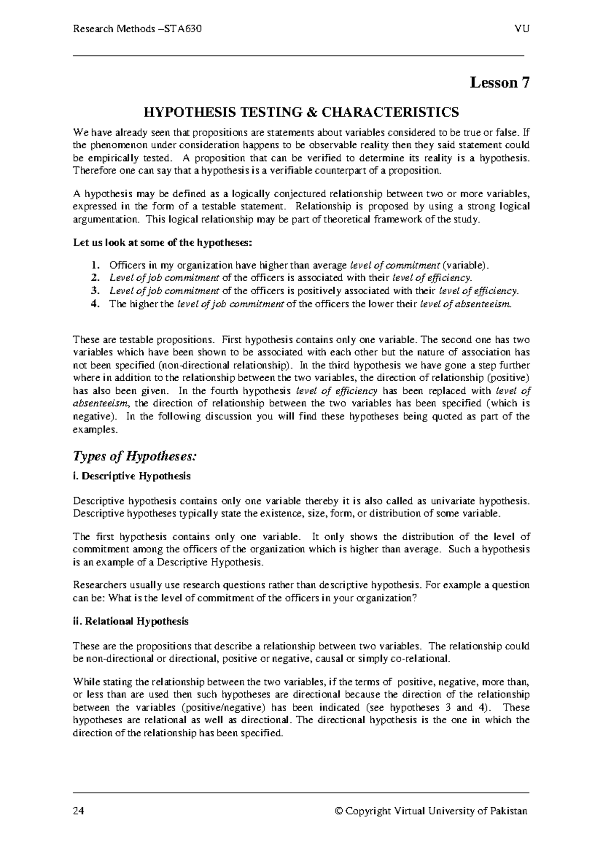 VU Research Methods Lesson 7: Characteristics of Hypothesis Testing ...