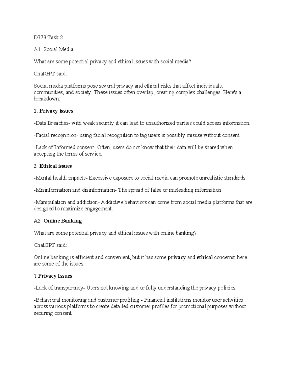 D773 Task 2: Privacy and Ethical Issues in Social Media & Online ...