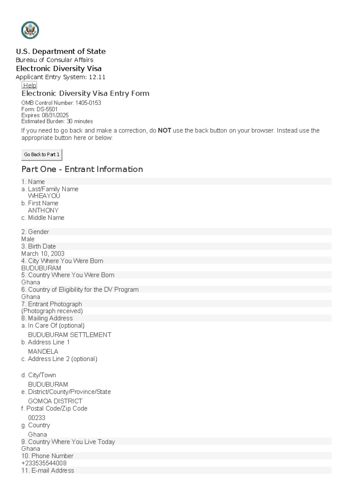 DV-2026 Confirmation for Anthony Wheayou: Diversity Visa Entry Details ...