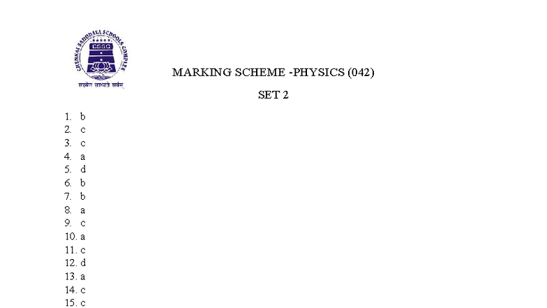 Class 12 Physics (042) Chennai Sahodaya Marking Scheme - Set 2 - Studocu