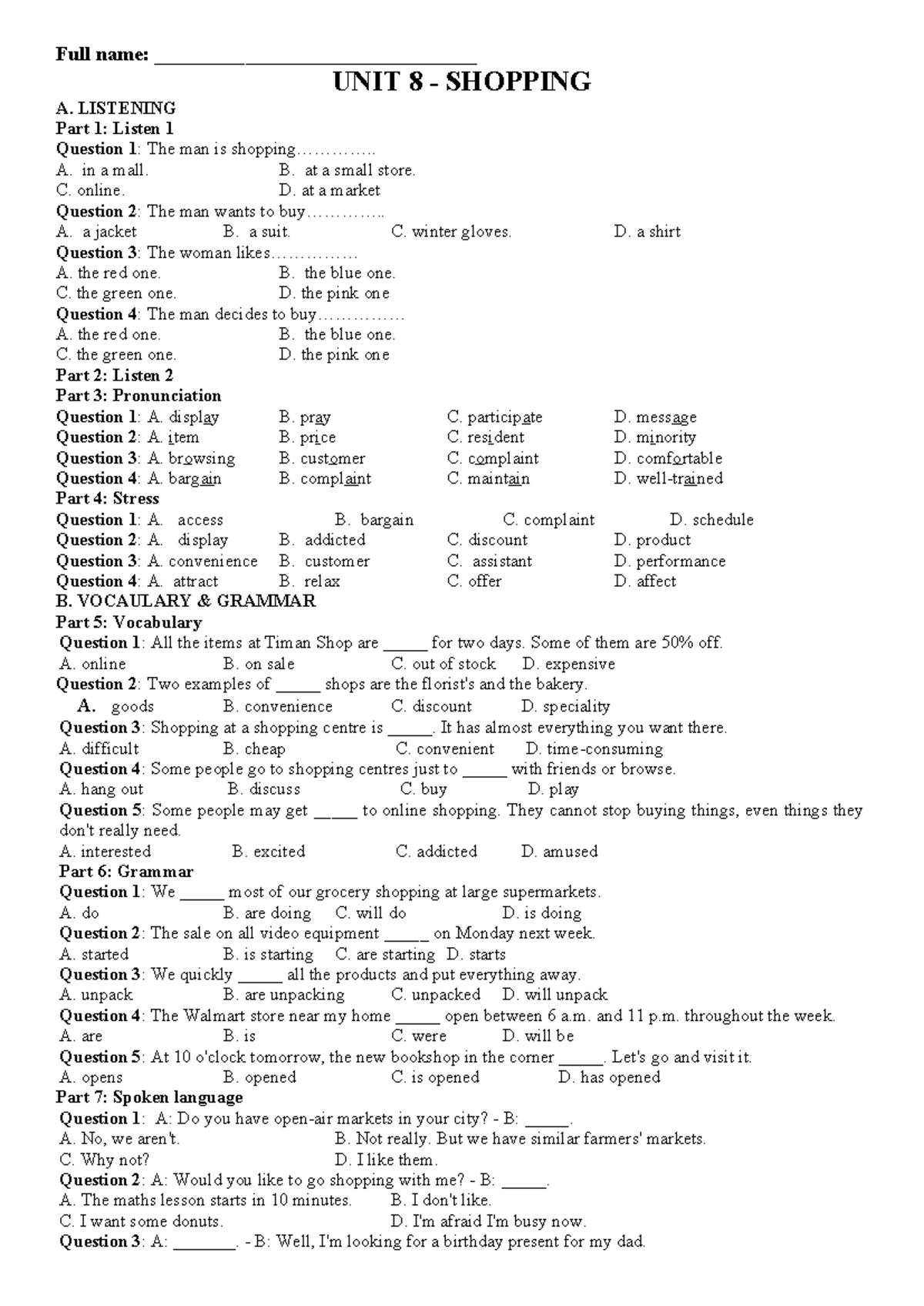 UNIT 8 - SHOPPING LISTENING & VOCABULARY REVIEW - VBJZSDV - Studocu
