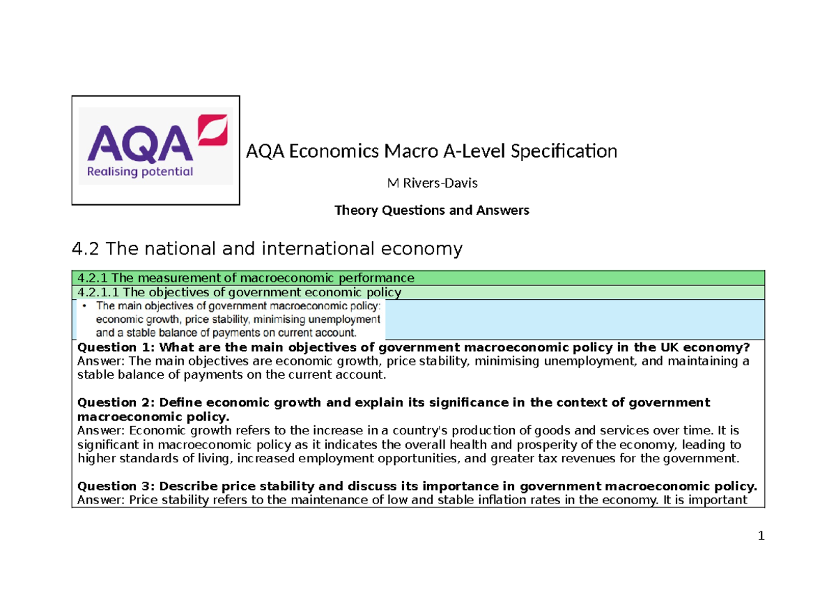 AQA Economics A-Level Macro Theory Q&A Guide - Studocu