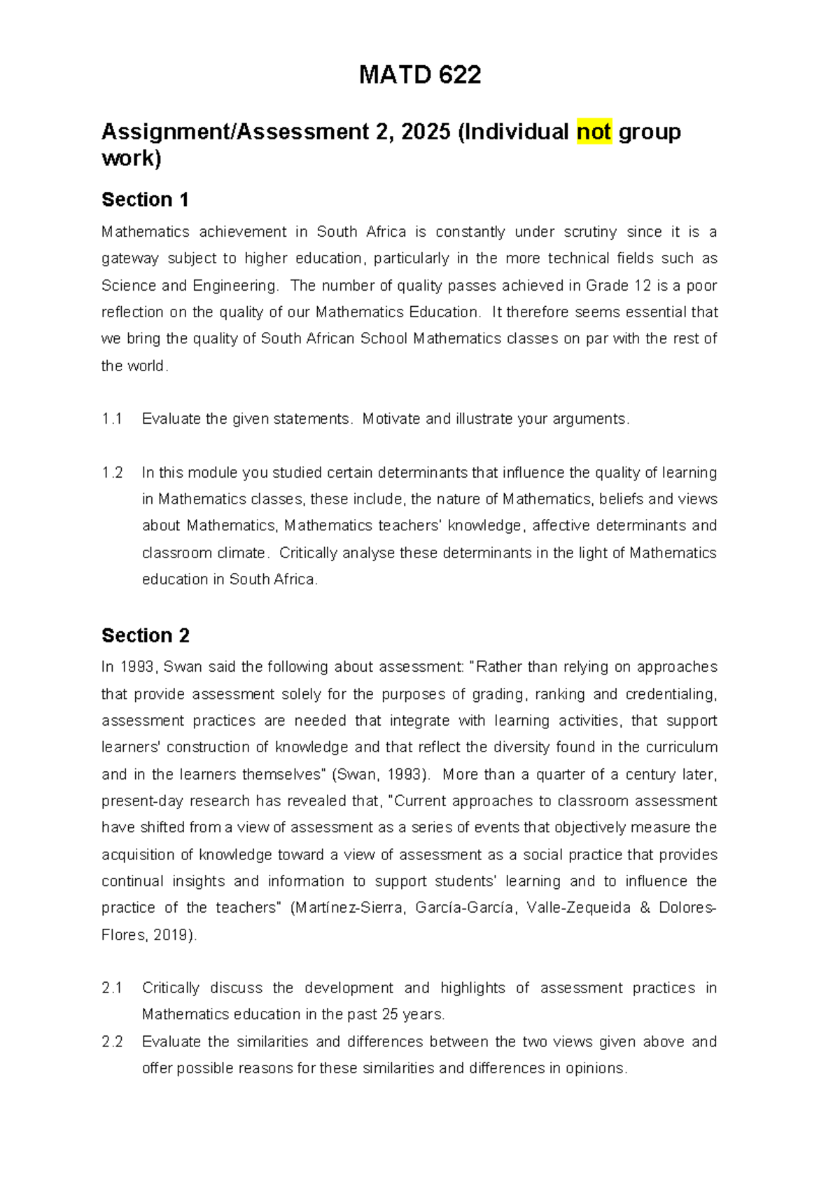 MATD 622 Assignment 2: Analyzing Mathematics Education in SA - Studocu