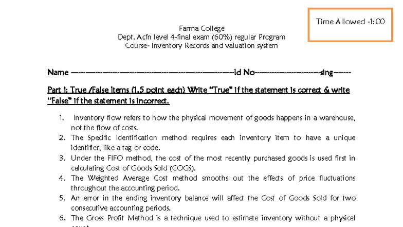 Farma College ACFN Level Exam: Inventory Records & Valuation System ...