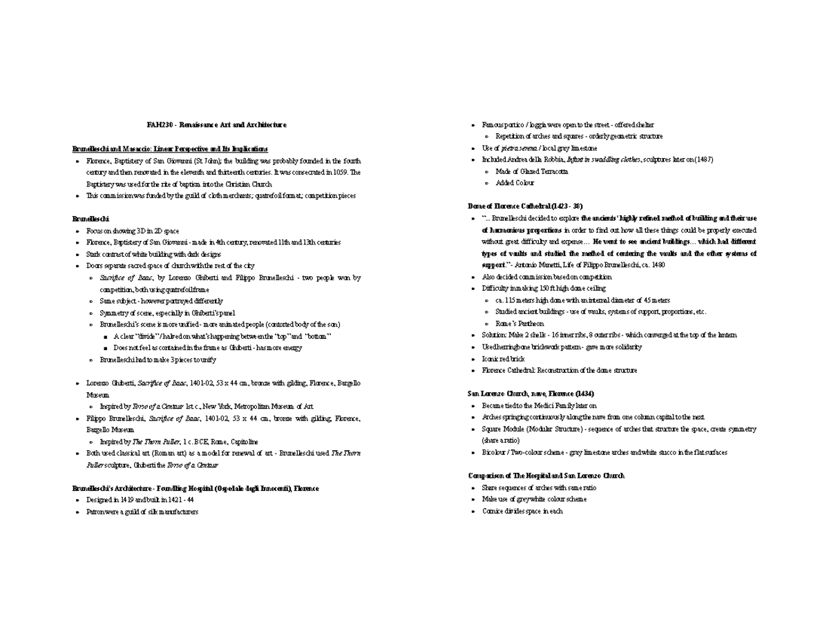 FAH230 - Renaissance Art & Architecture: Key Concepts and Figures - Studocu