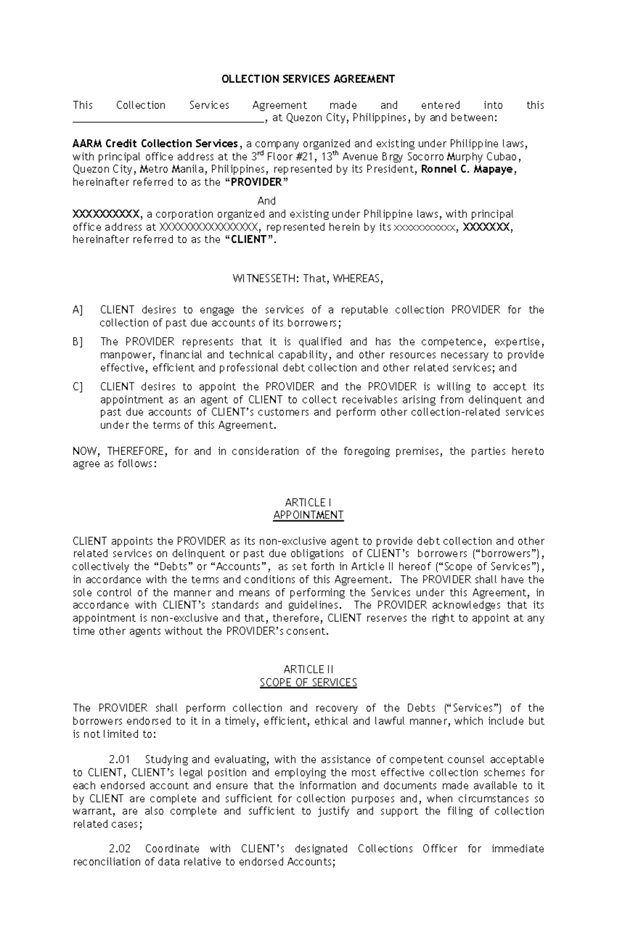 Collection Services Agreement: AARM Credit Collection Guidelines - Studocu