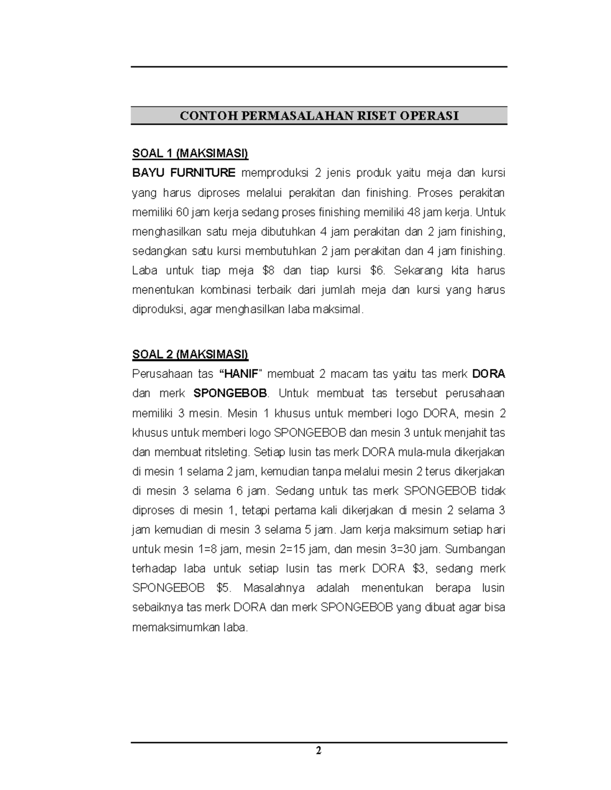 Riset Operasional: Contoh Permasalahan dan Metode Penyelesaian - Studocu