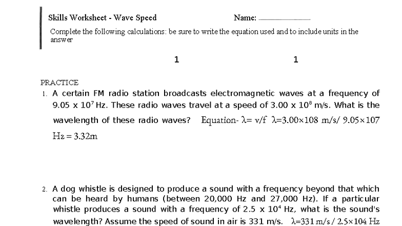 Wave Speed Calculations Worksheet (Physics 101) - Studocu