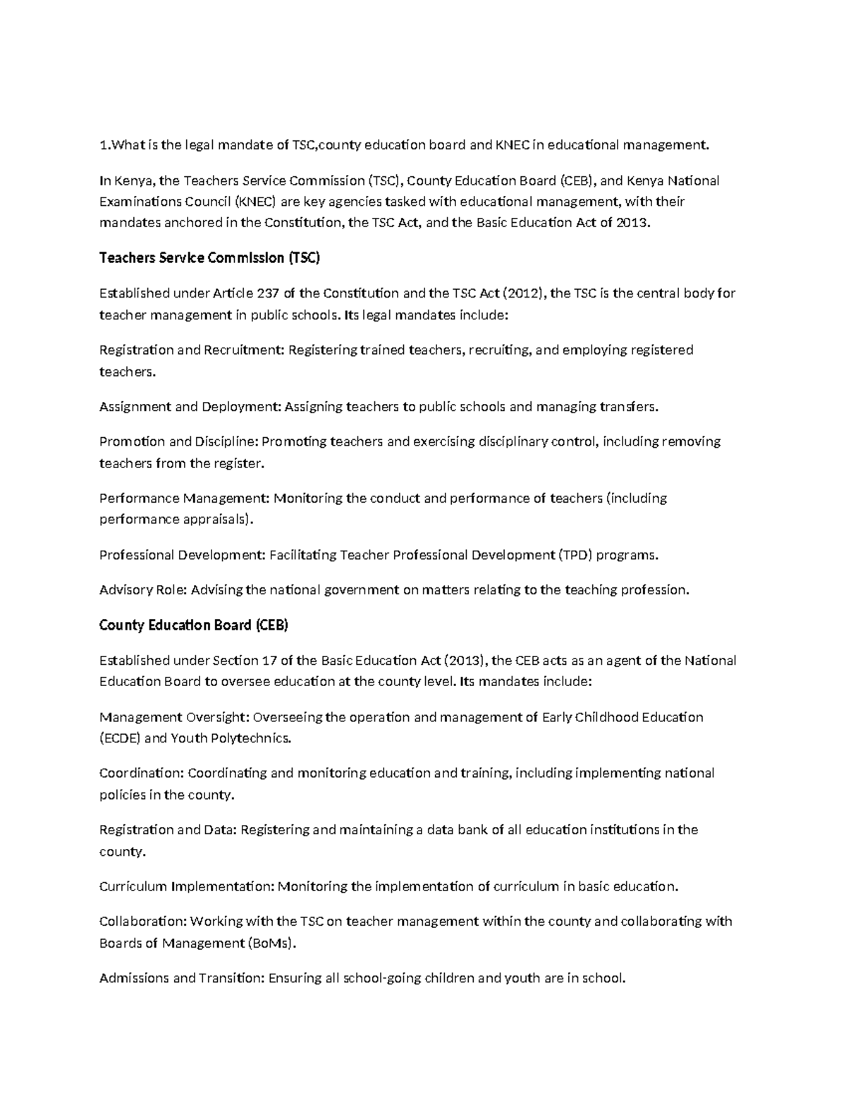 Legal Mandates of TSC, CEB, and KNEC in Kenya's Education System - Studocu