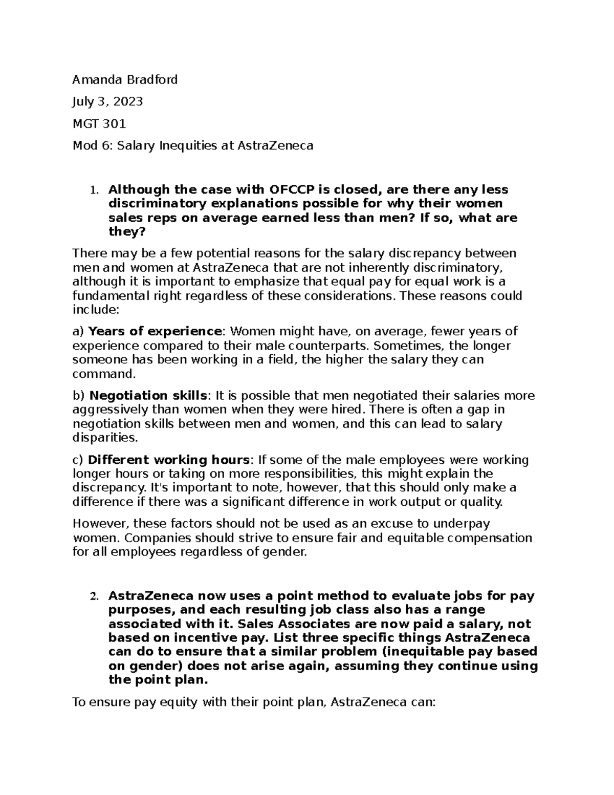 MGT 301 - Module 6 Case Study: Addressing Salary Inequities at ...