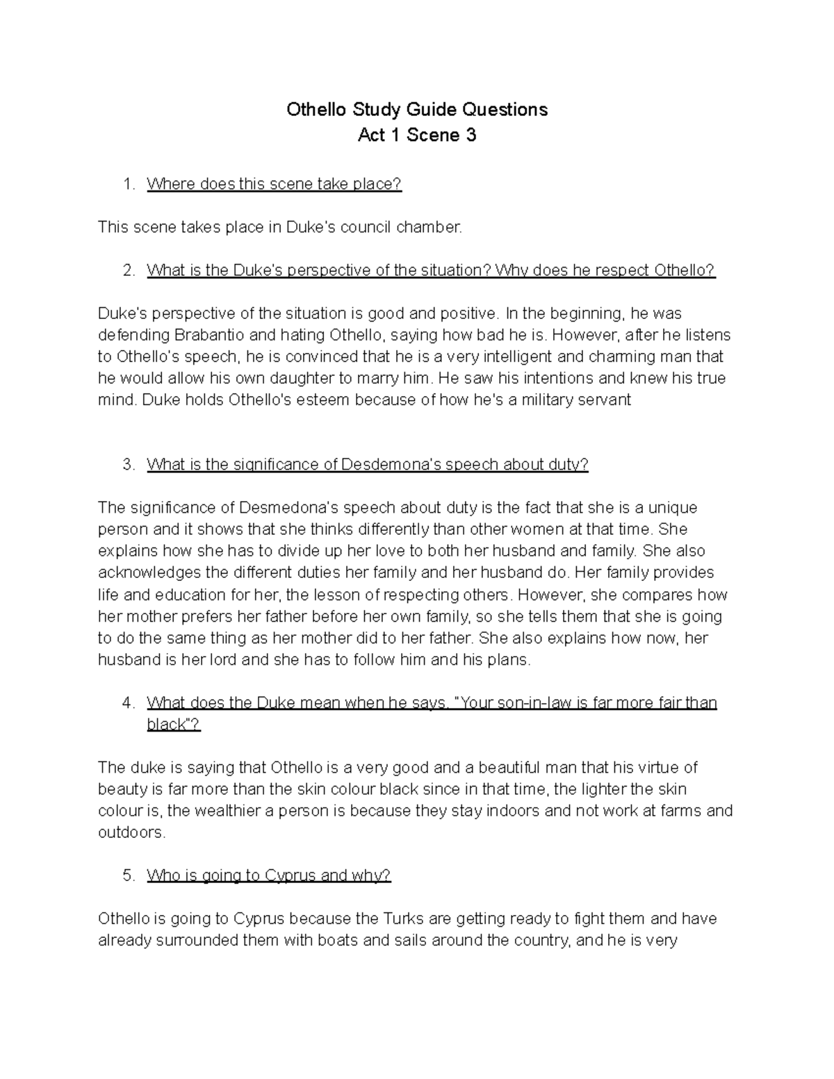 Othello Act 1 Scene 3 Study Questions, ENG Literature Notes - Studocu