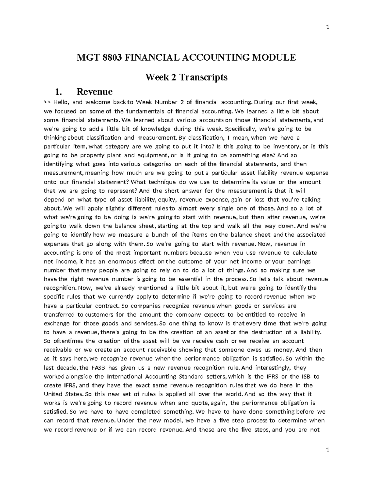 Week 2 Classification and Measurement Transcripts - MGT 8803 FINANCIAL ACCOUNTING MODULE Week 2 ...