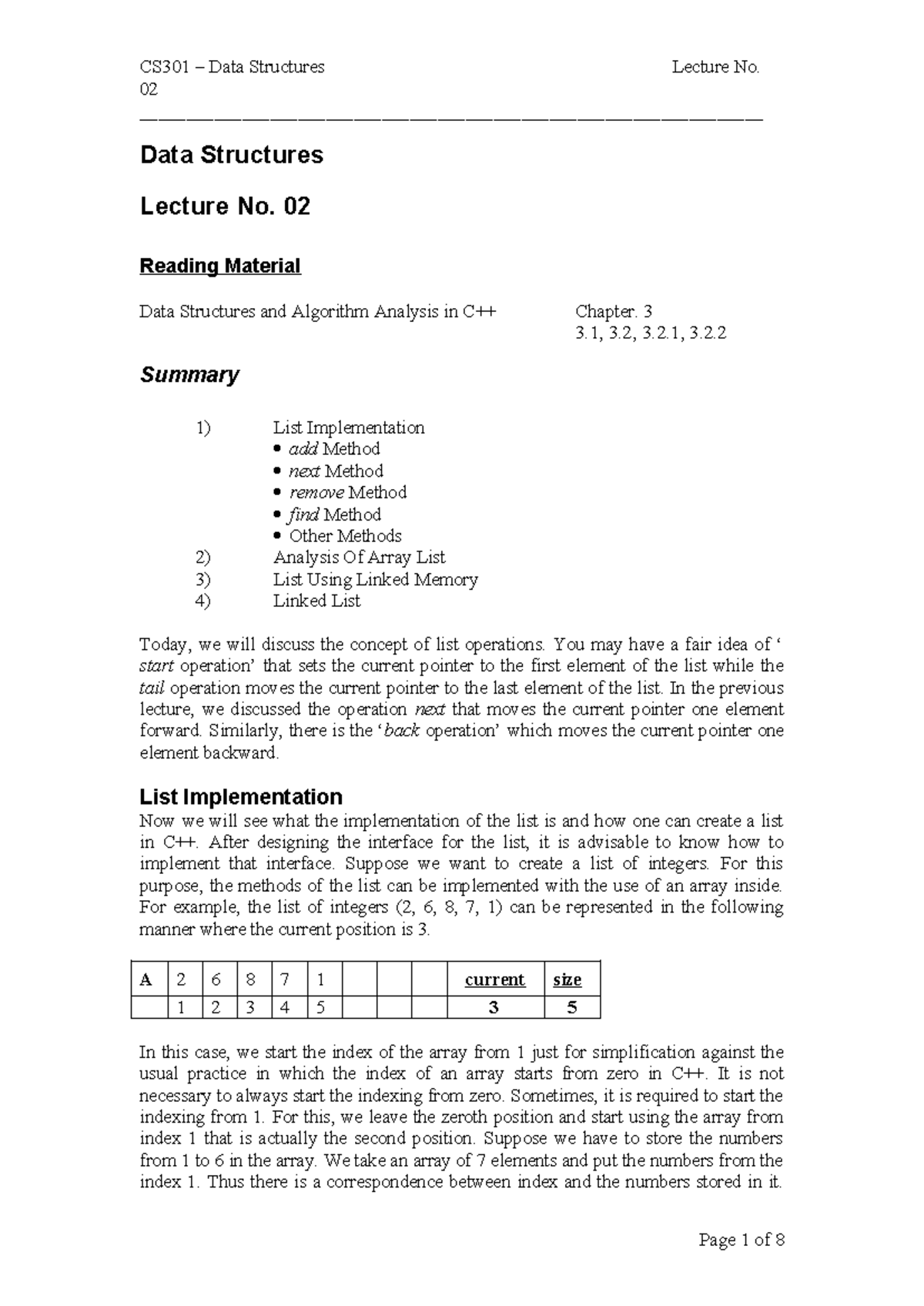 CS301 Data Structures Lecture 02: List Implementation and Methods - Studocu