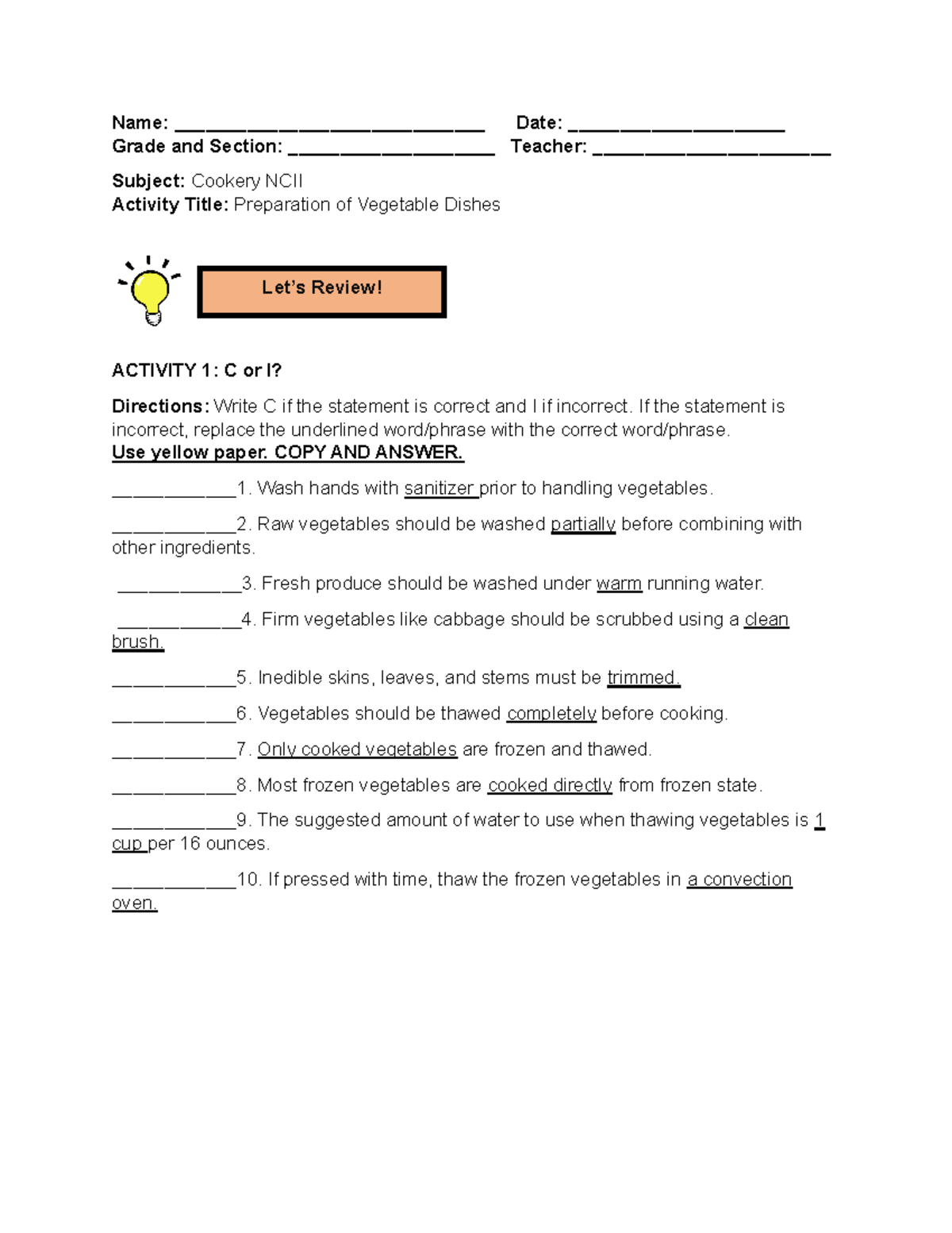 Cookery NCII: Learning Activity Sheet for Vegetable Dish Prep - Studocu