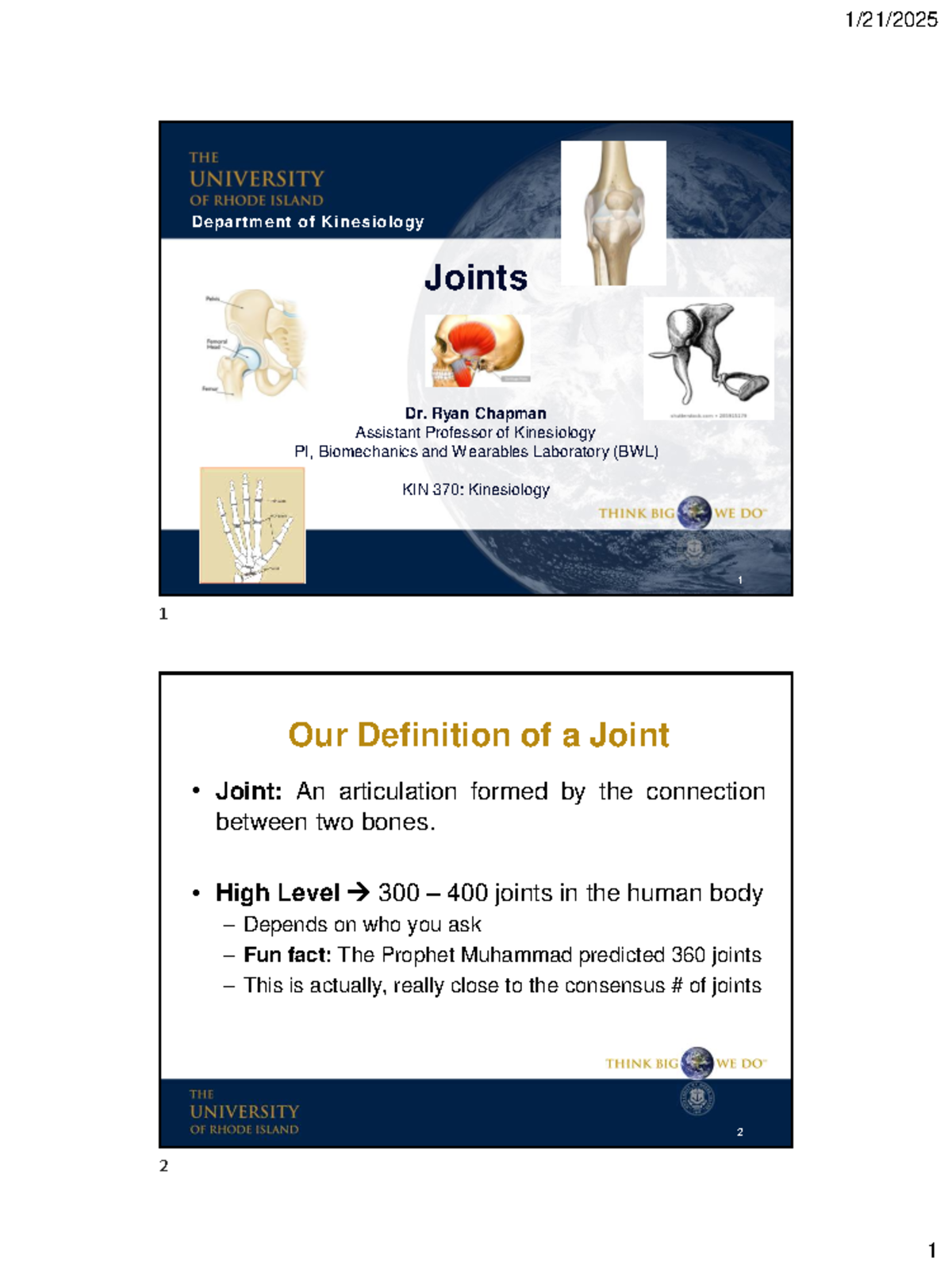 Kinesiology KIN 370: Diarthrodial Joint Types & Functions Lecture Notes ...
