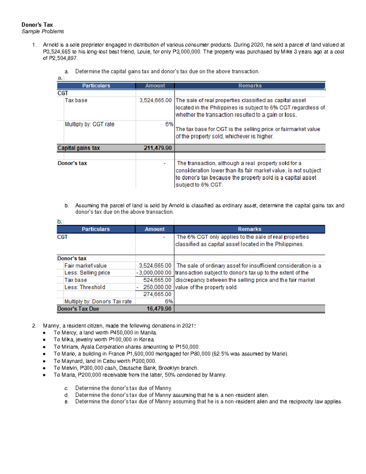 Donor's Tax Sample Problems (2020-2021) for Taxation Course - Studocu