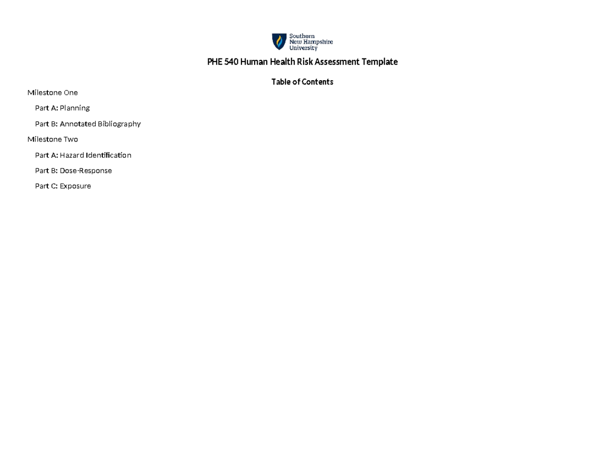 PHE 540 Human Health Risk Assessment: Milestone 1 & 2 Overview - Studocu