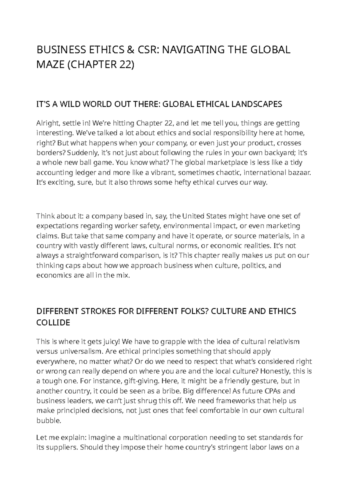 BUSINESS ETHICS CSR: CH 22 - Navigating Global Ethical Landscapes - Studocu