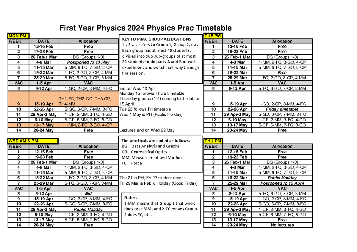 First Year Physics 2024 Practical Schedule Update - Studocu