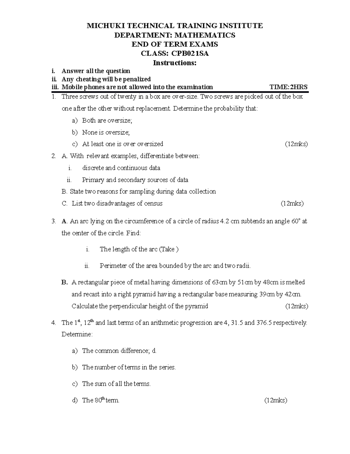 Exams CPB SA SB END TERM - assignment - MICHUKI TECHNICAL TRAINING INSTITUTE DEPARTMENT ...