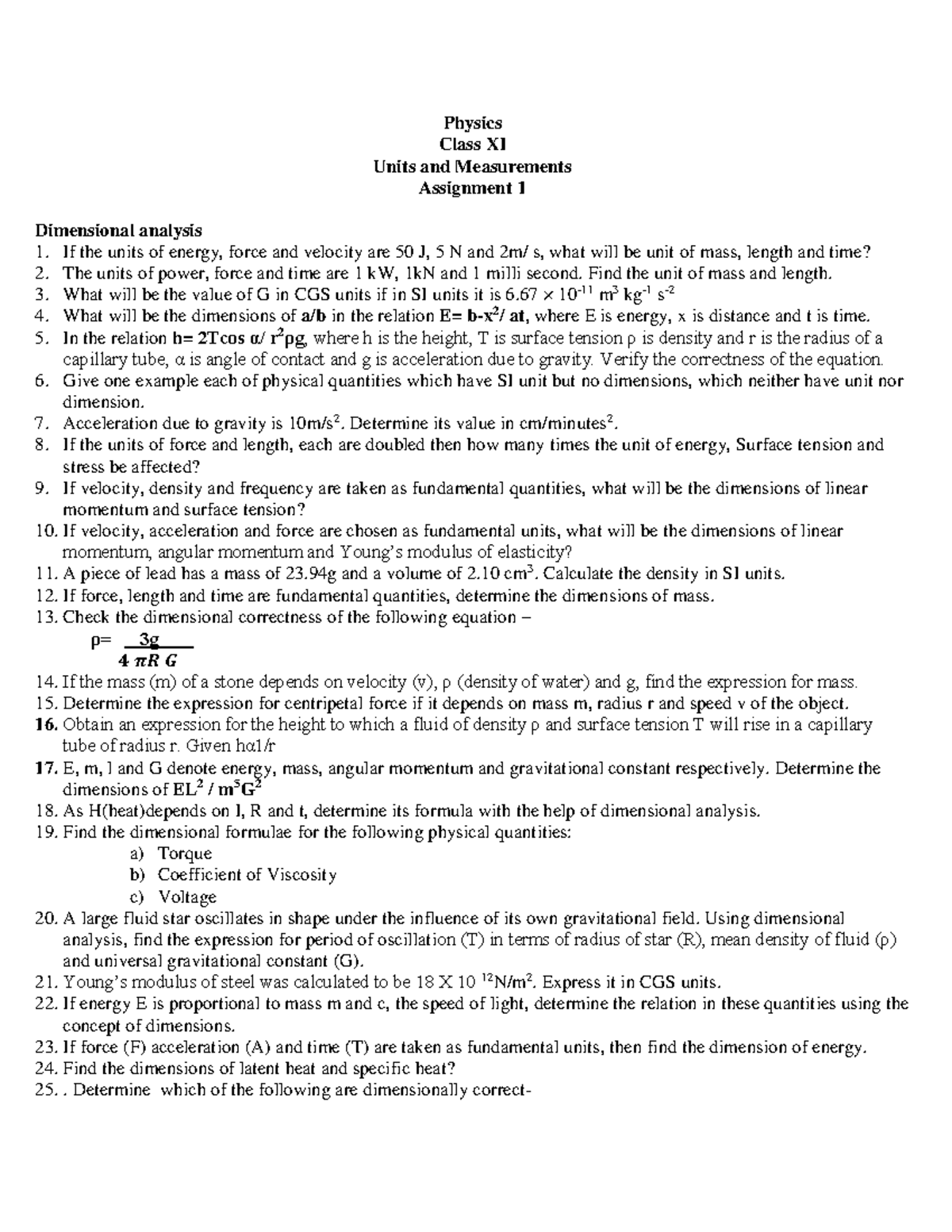 Physics Class XI Units & Measurements Assignment: Dimensional Analysis - Studocu