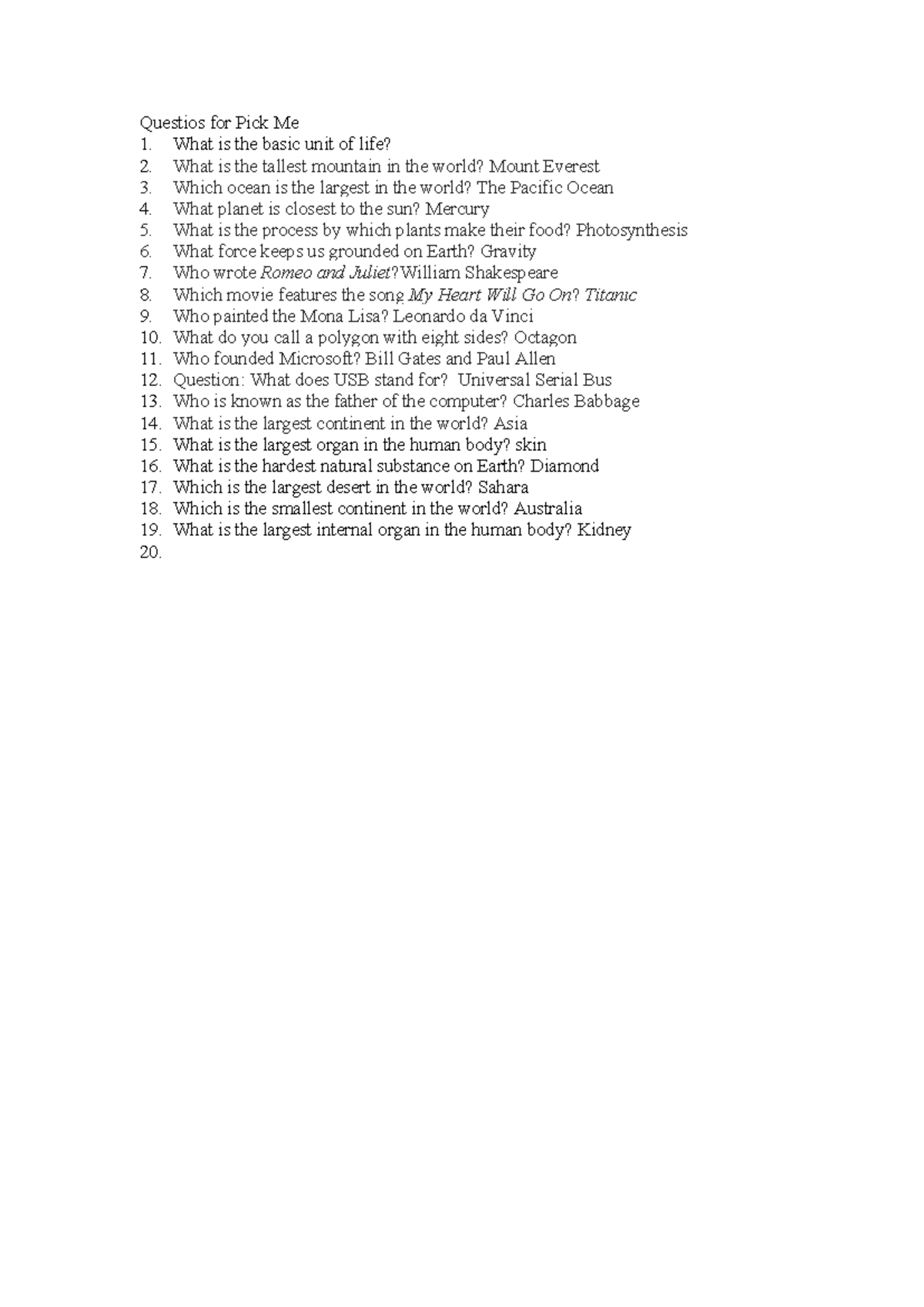 Quiz Questions for Pick Me: General Knowledge Essentials - Studocu