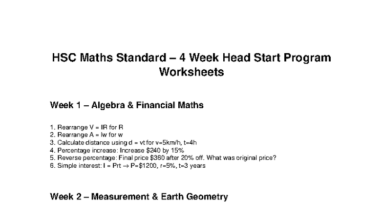 HSC Maths Standard 4 Week Head Start Program Worksheets Overview - Studocu