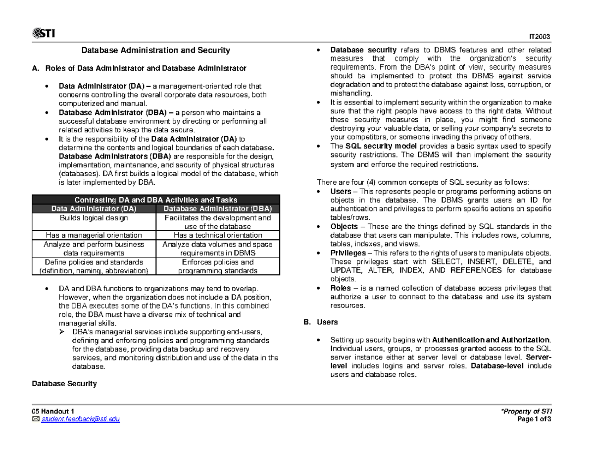 Advanced Database Systems (DBA Functions & Security Measures) - Studocu