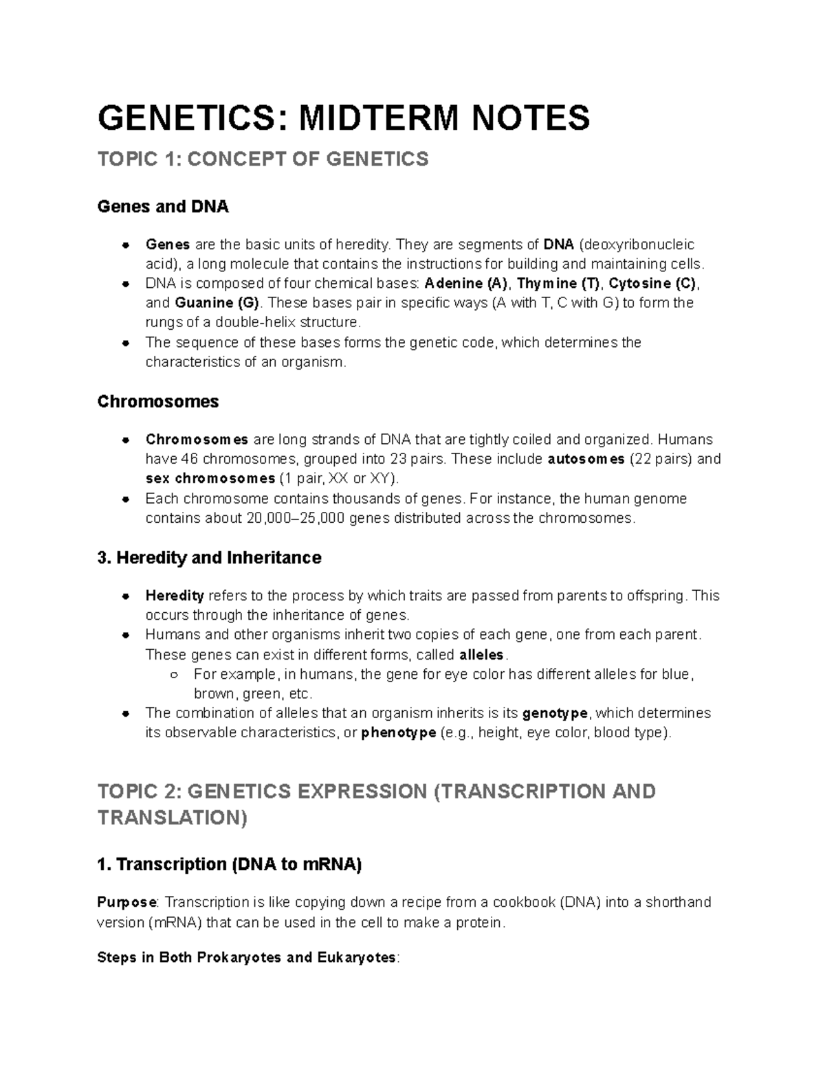 GENETICS: MIDTERM NOTES ON HEREDITY, DNA, AND GENE EXPRESSION - Studocu