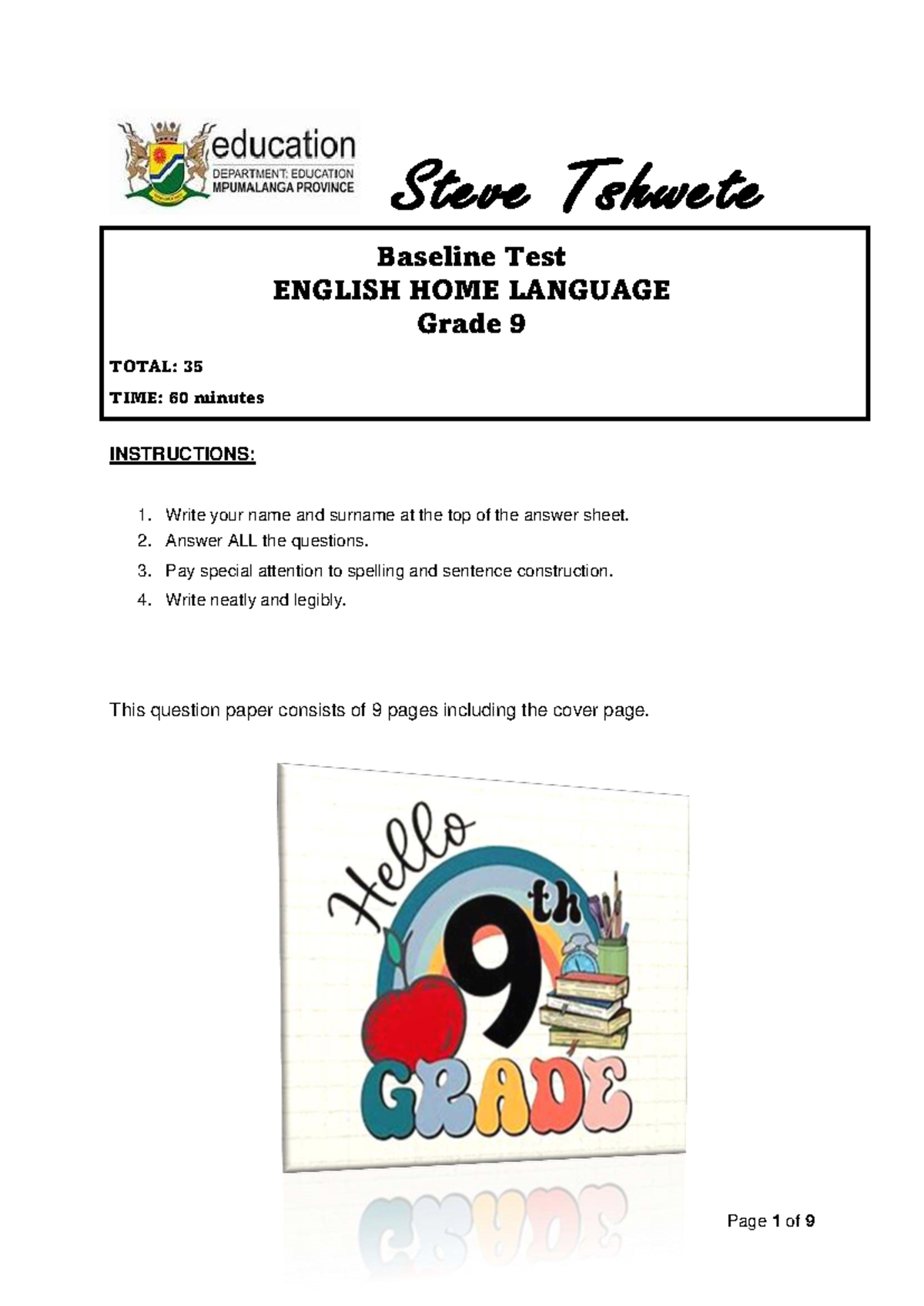 Baseline Test: English Home Language Grade 9 - Notes - Studocu