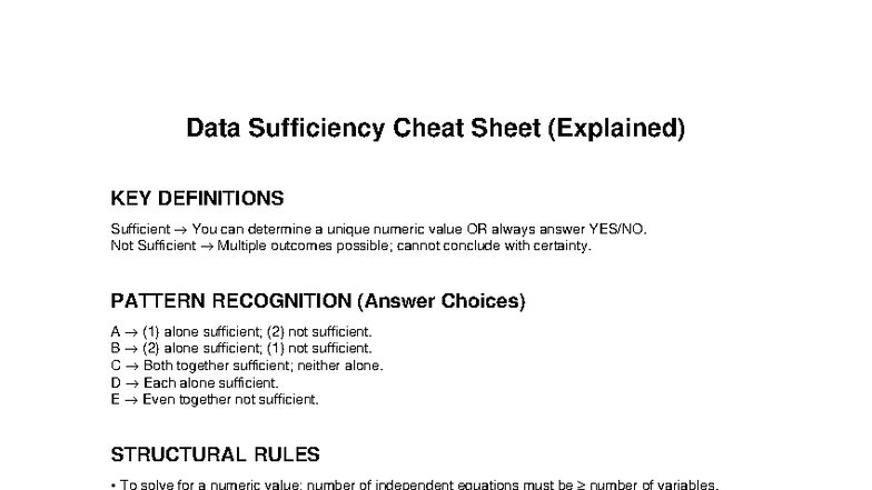 Data Sufficiency Cheat Sheet (Explained) for Exam Prep - Studocu