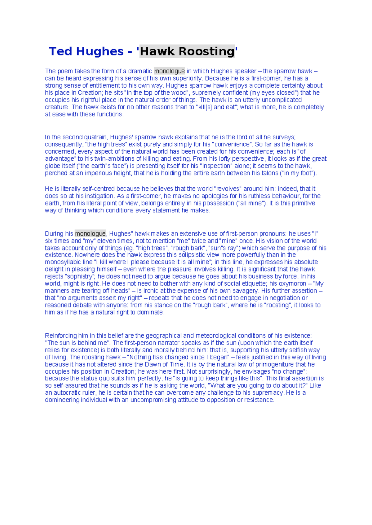 Hawk Roosting Analysis: Insights into Ted Hughes' Monologue - Studocu