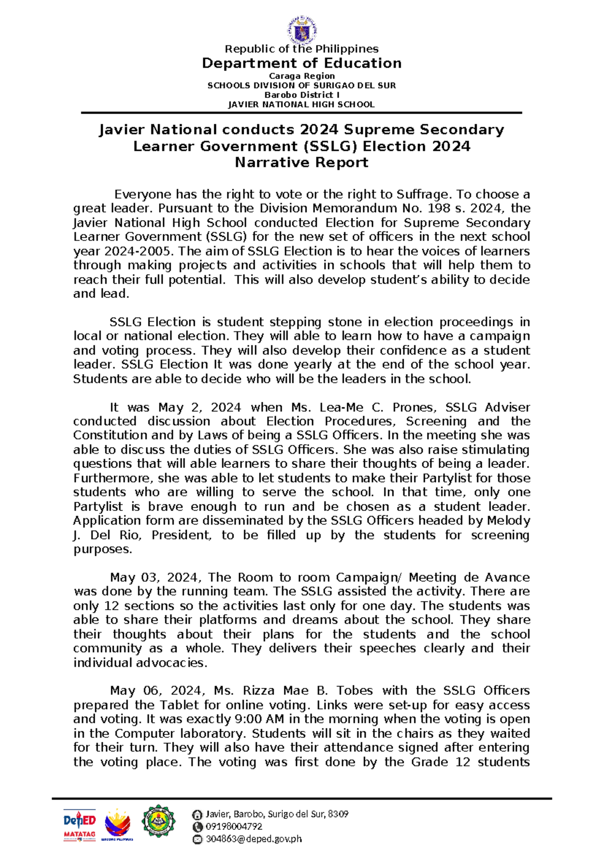 SSLG Election Narrative Report for SY 2024-2025 at Javier NHS - Studocu