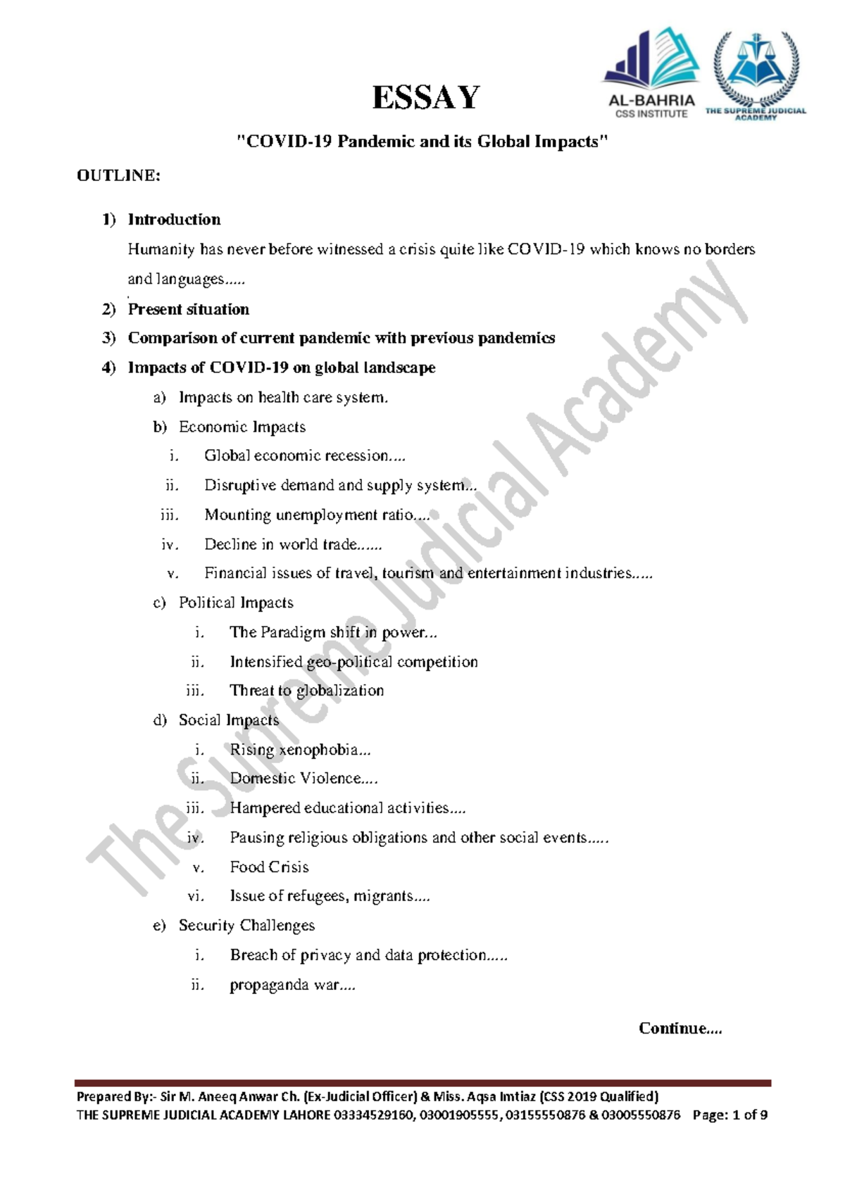 ESSAY CSS 2019: Global Impacts of the COVID-19 Pandemic - Studocu